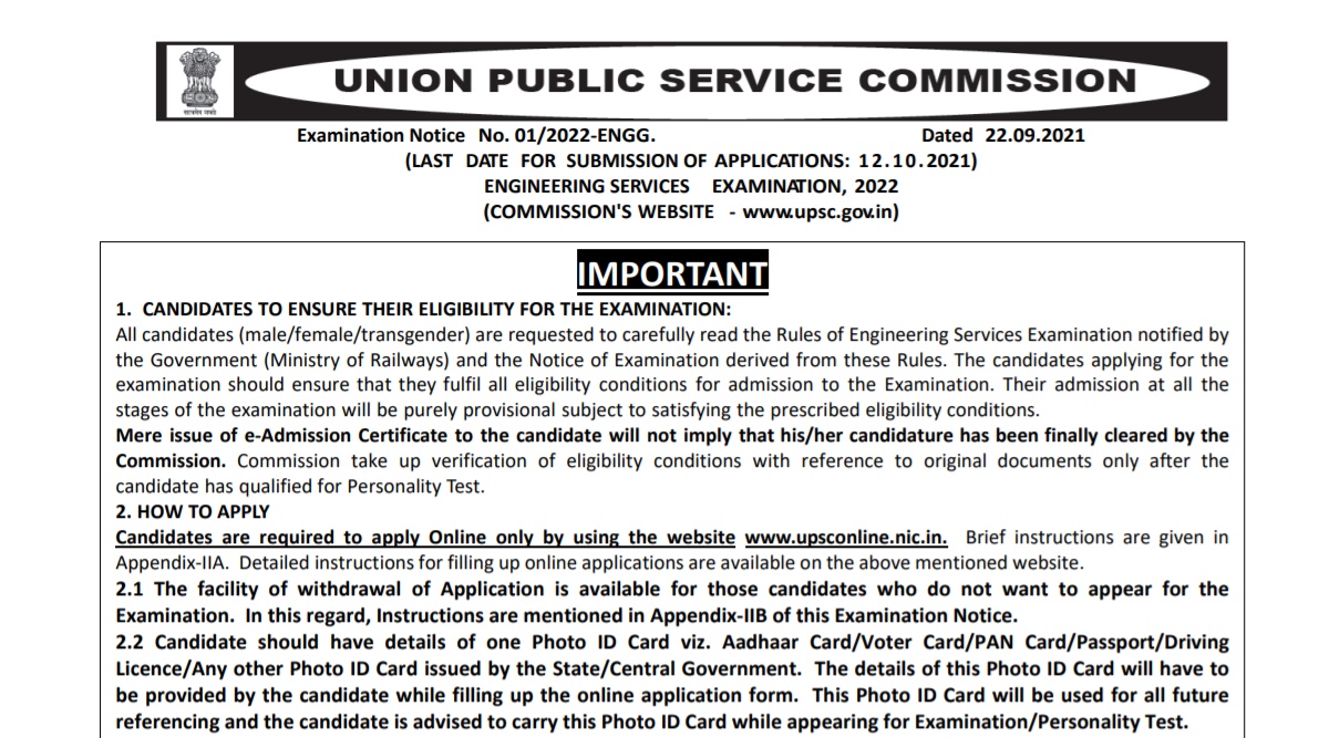 UPSC Notification 2021: Notification released for Engineering Service ...