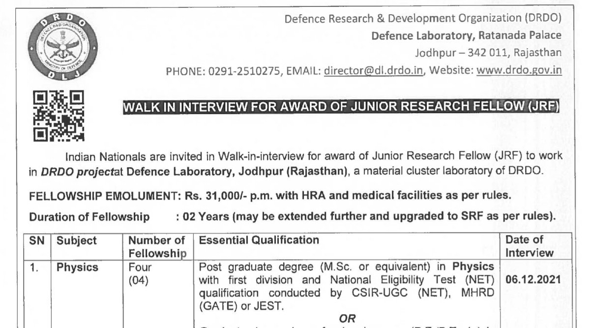 DRDO Recruitment 2021: Notification released for JRF at drdo.gov.in ...