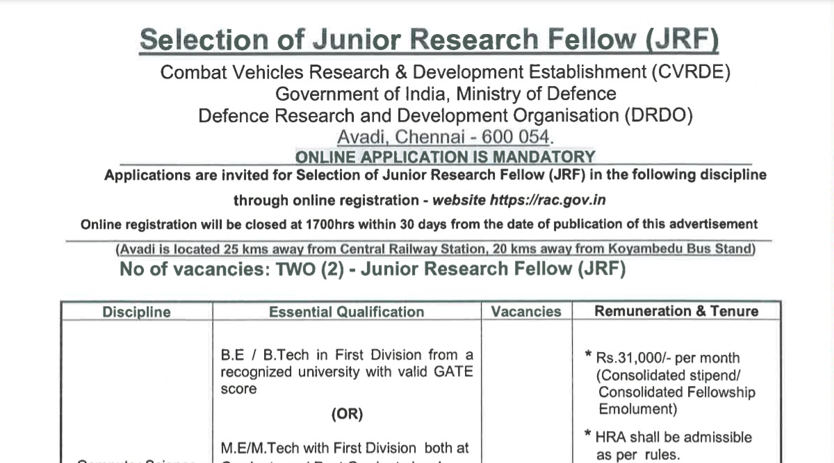 DRDO Recruitment 2022: Apply online for Junior Research Fellowship at rac.gov.in. Check here for ...