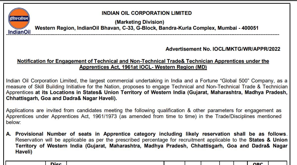 IOCL Recruitment 2022: Apply online for Apprentice Posts at iocl.com ...