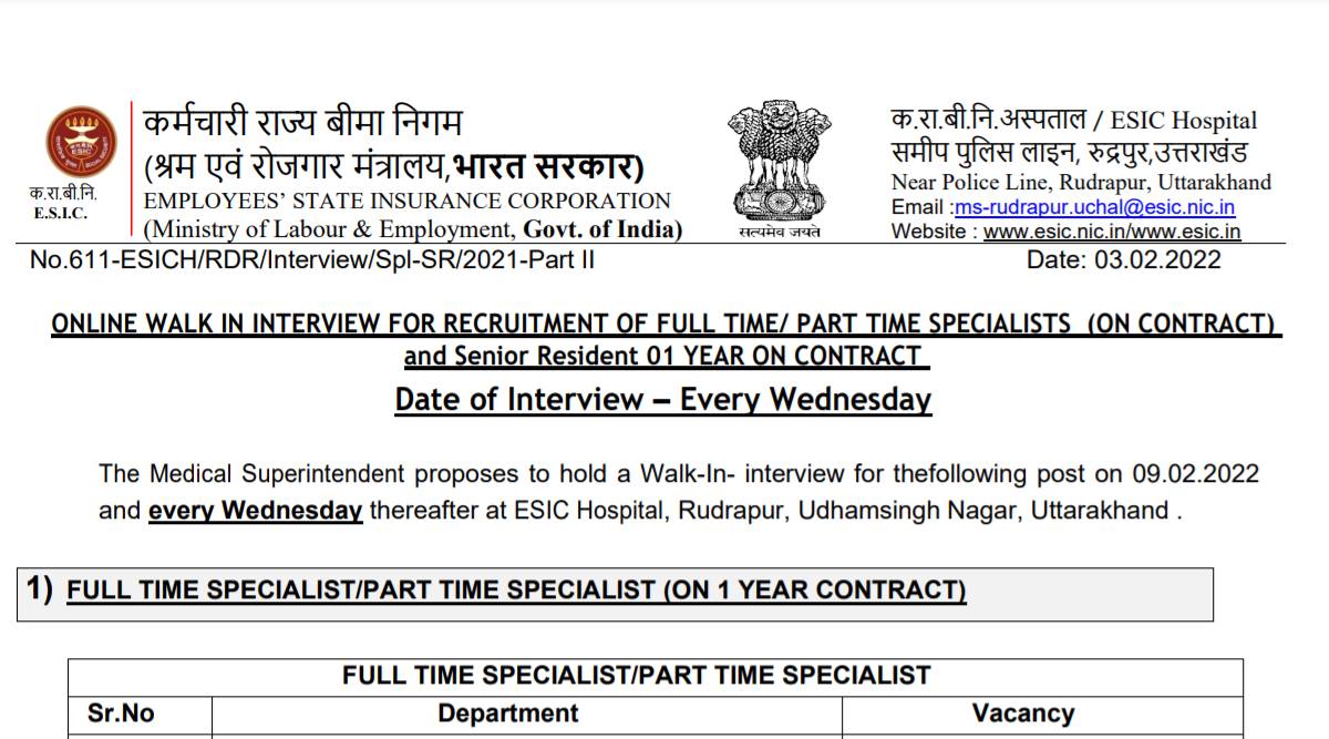 ESIC Recruitment 2022: New Notification released for Specialist and ...