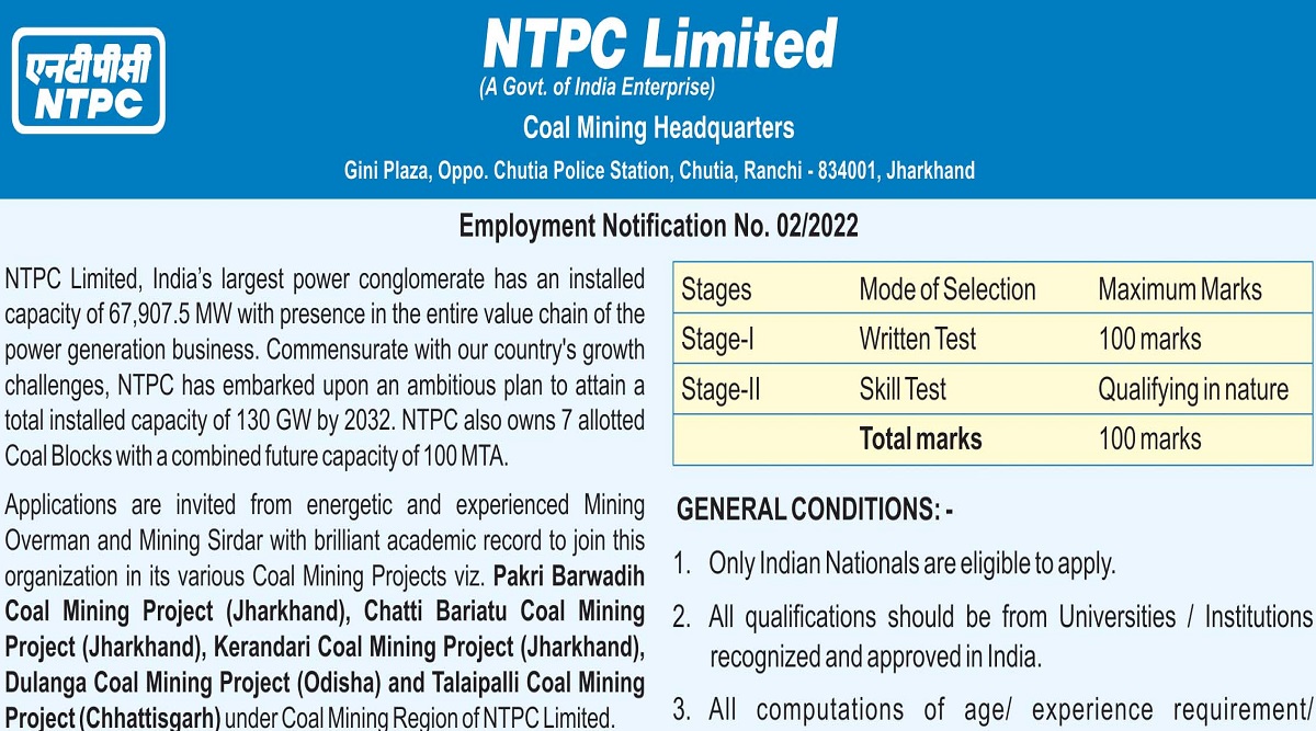 NTPC Recruitment 2022 hiring for the post of Mining Sirdar and Mining ...