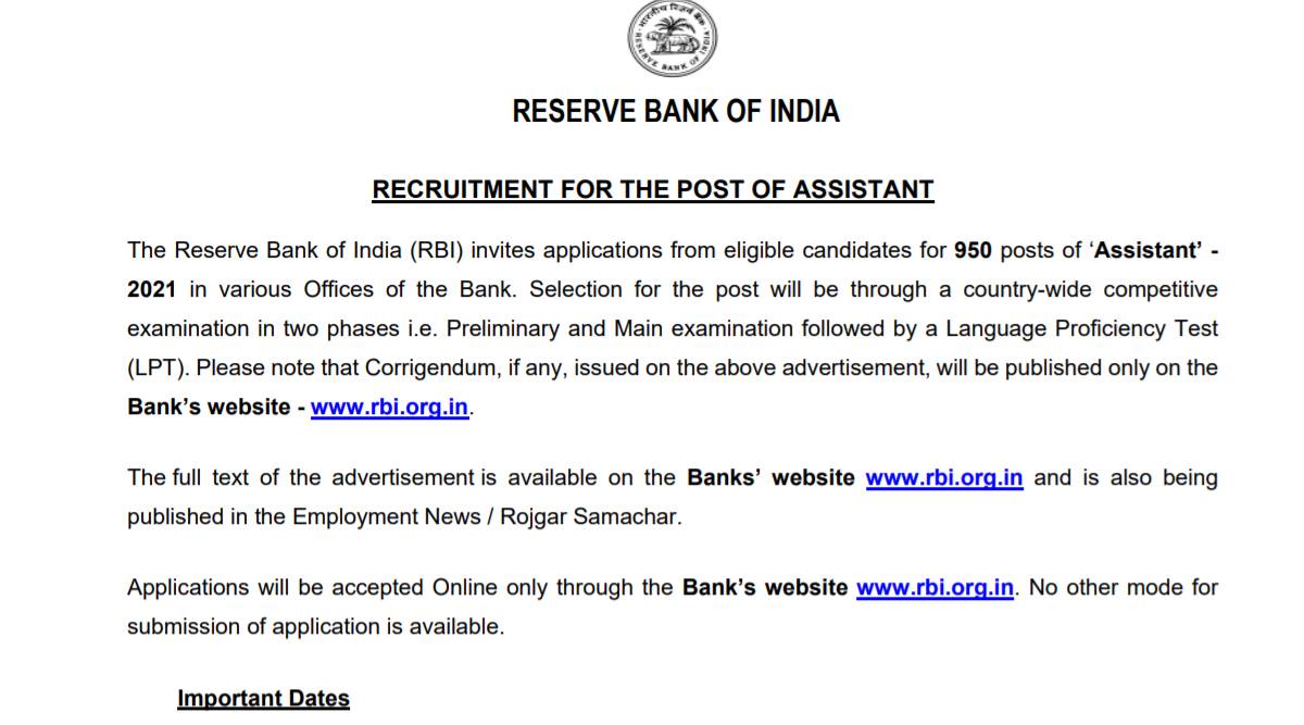 RBI Recruitment 2022: Apply online for Assistant Exam at rbi.org.in before 8 March. Check here ...