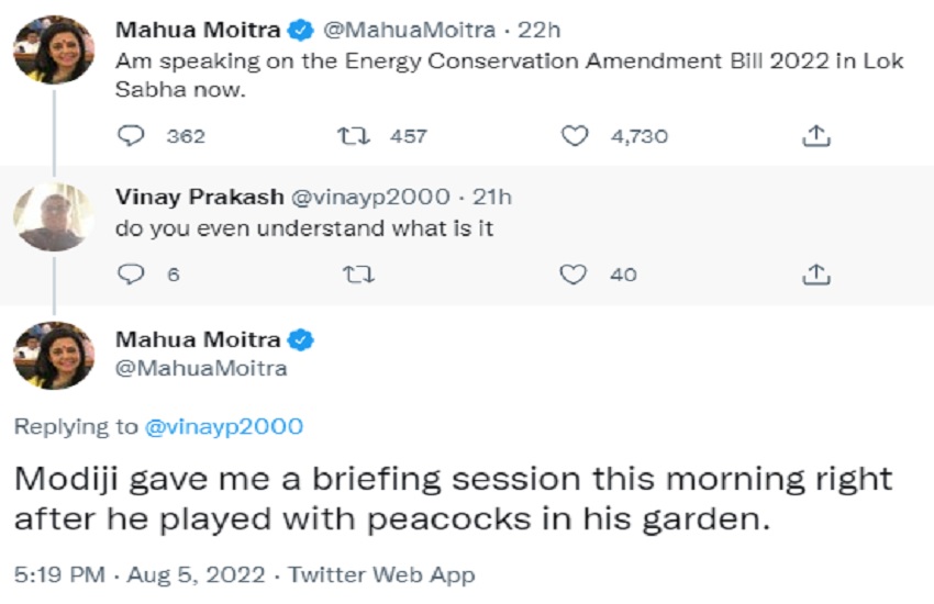 TMC MP Mahua Moitra reply troll tweet on Energy Conservation Amendment ...