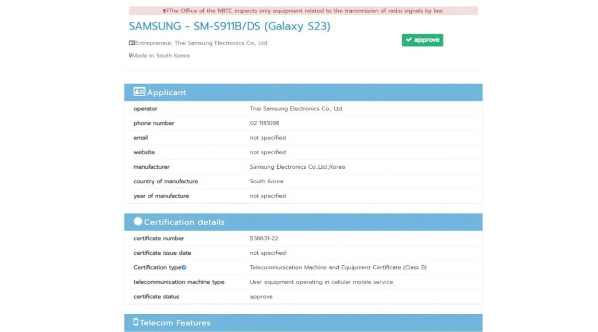 Samsung Galaxy S23 launch soon smartphone listed on NBTC certification ...