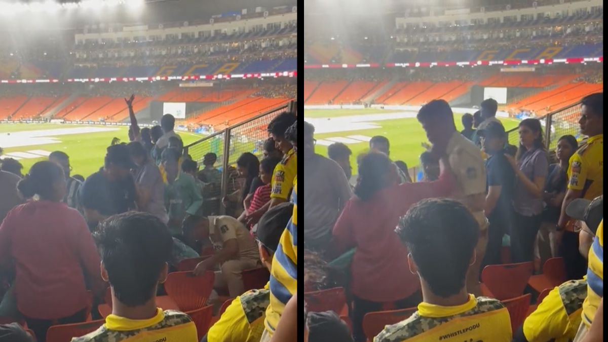 ipl 2023 csk vs gt women fan fight police officer viral video rain ...
