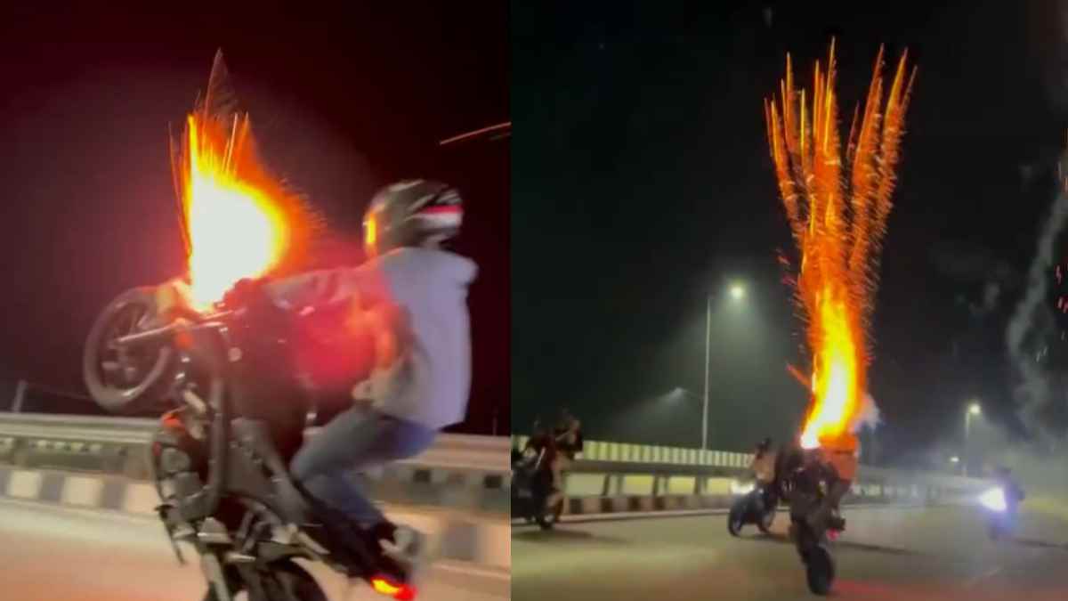 Viral Video: चलती बाइक पर जलाए पटाखे और फिर फ़िल्मी स्टाइल में करने लगे ...