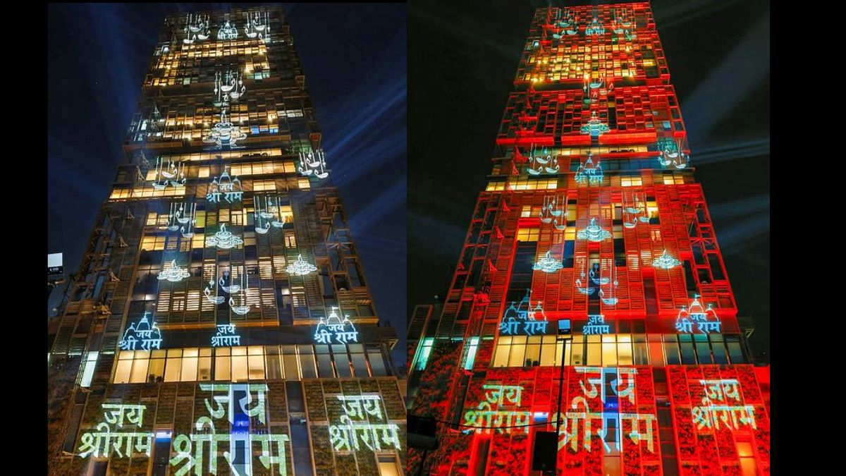 Jai Shree Ram on Antilia Reliance chairman mukesh Ambani Home lights up for ram mandir pran ...