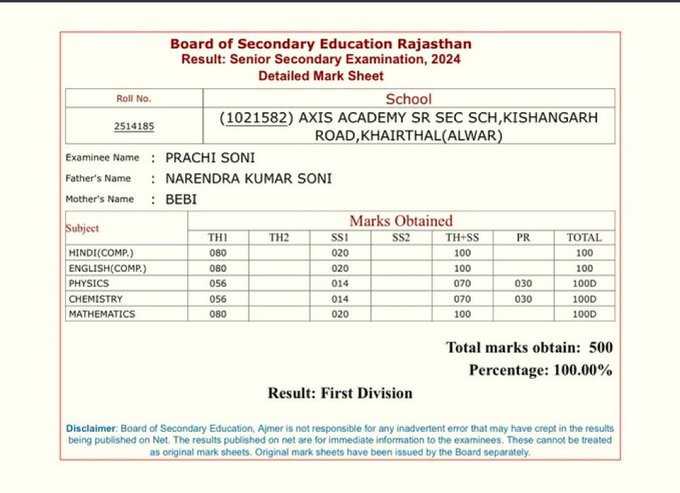 Rajasthan Board RBSE 12th Topper prachi soni Arts Science Commerce Results With Roll Number ...
