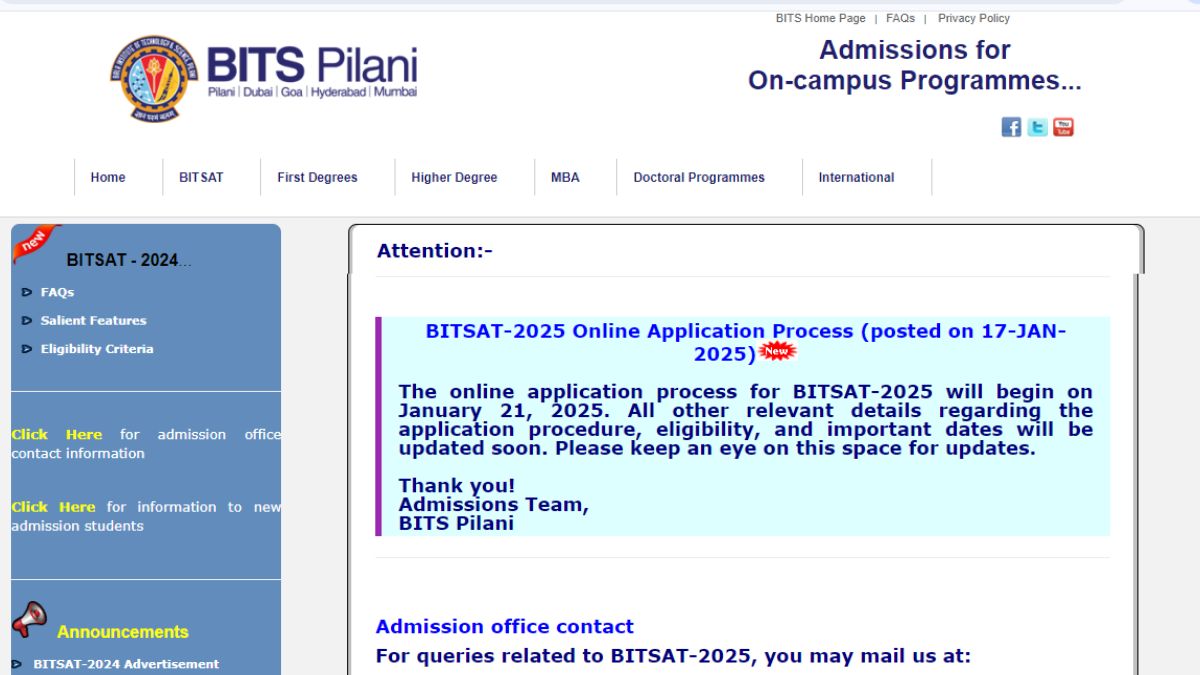 BITSAT 2025 Registration begins at bitsadmission.com, know direct link ...