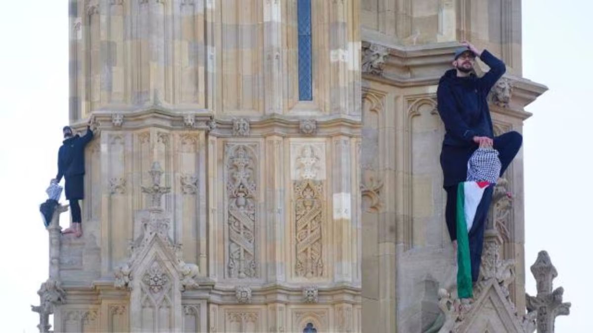 Man with Palestinian flag climbs up london Big Ben tower - फिलिस्तीन का ...