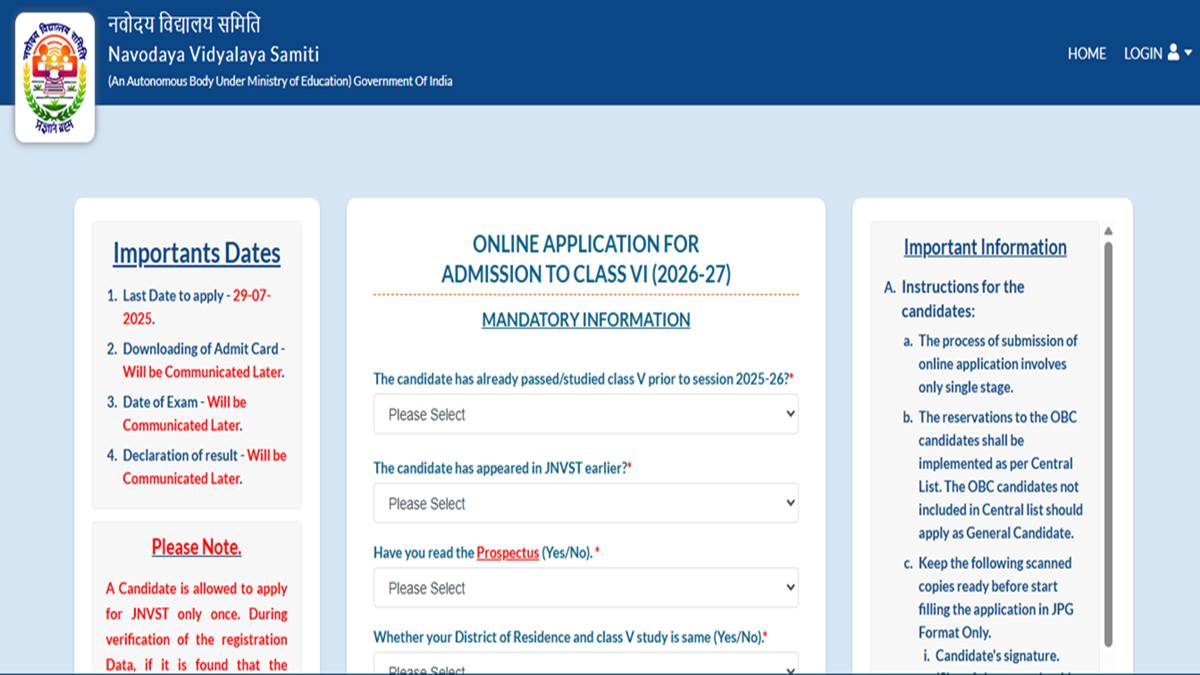 jnv class 6th admission registration begins for 2026-27 last date of ...